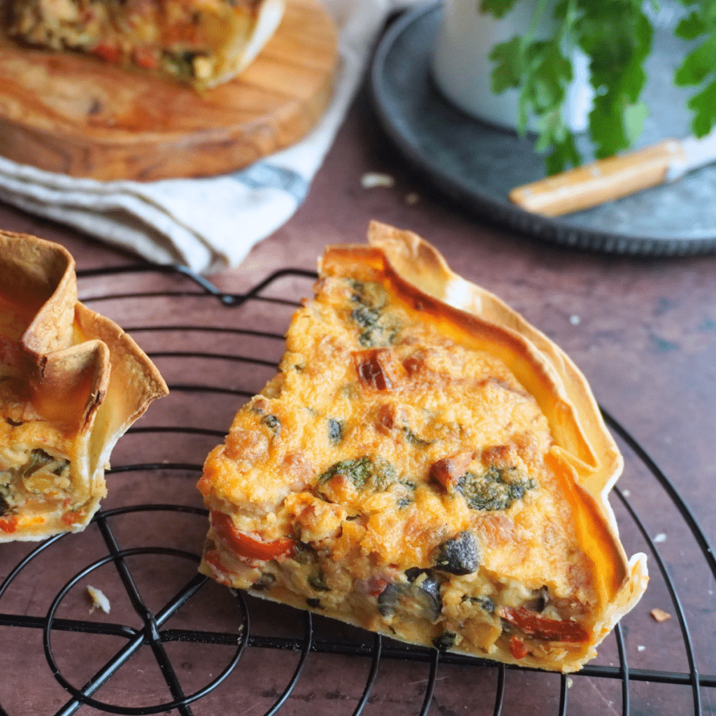 Egg free Quiche with tortilla crust (no pastry needed)